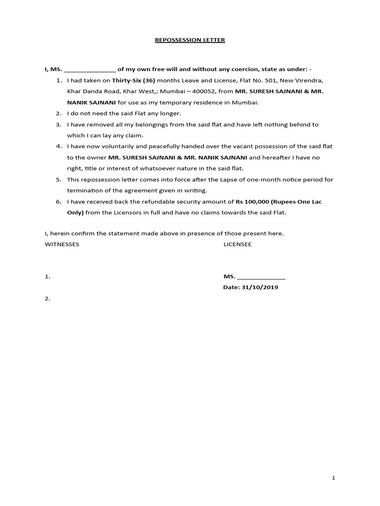 Repossession Letter | PDF