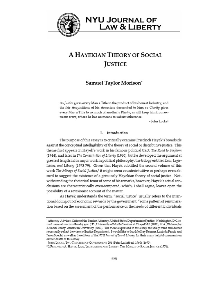 Hayekian Theory of Social Justice | PDF | Friedrich Hayek | Justice