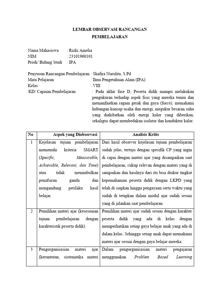 Lembar Observasi Rancangan Pembelajaran (Siklus 1) | PDF
