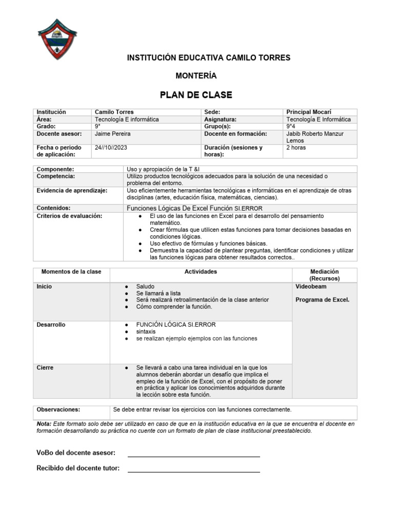 Formato Plan de Clase 24 - 10 - 2023 | PDF | Maestros | Evaluación