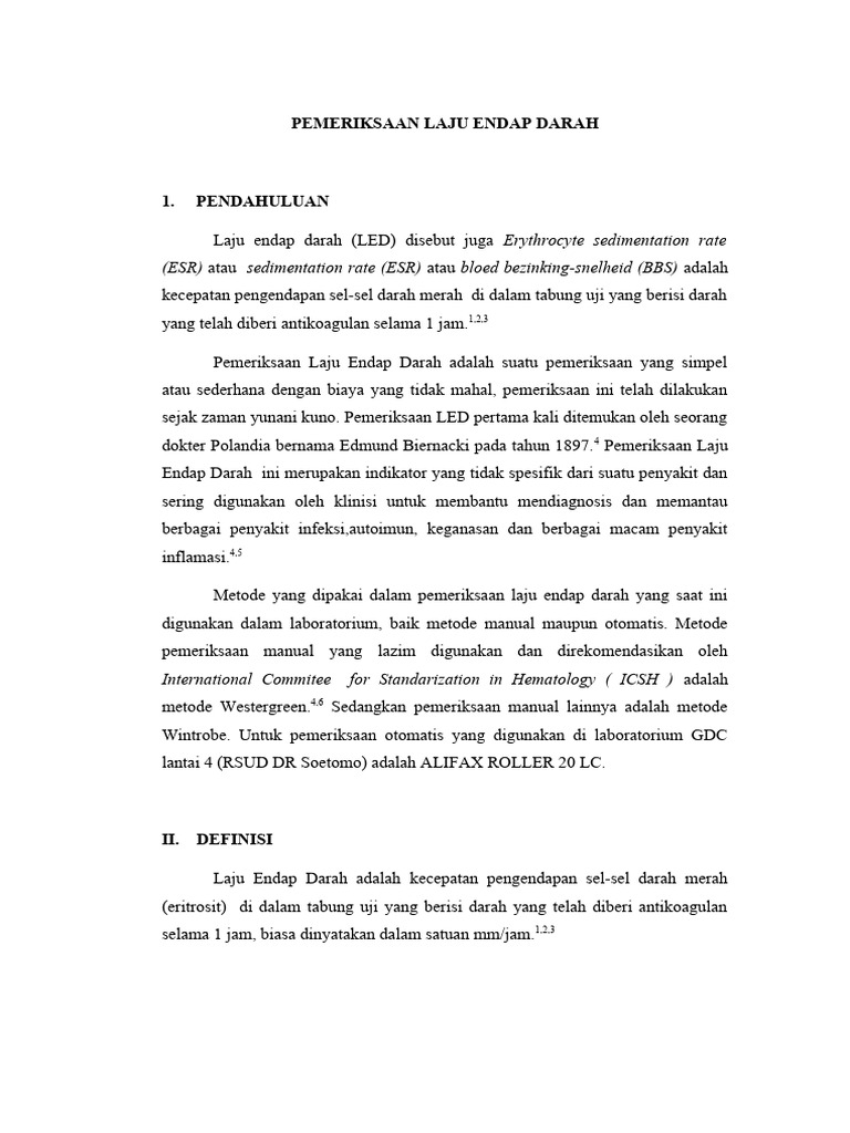 Pemeriksaan Laju Endap Darah: (ESR) Atau Sedimentation Rate (ESR) Atau ...
