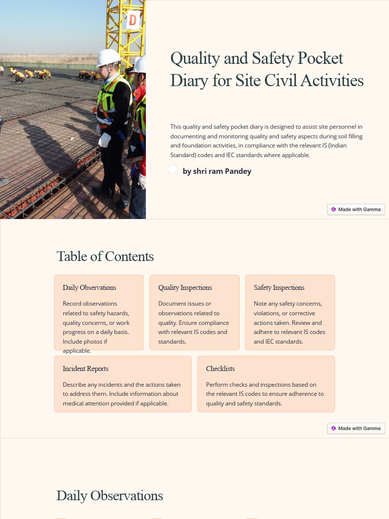 Quality and Safety Pocket Diary For Site Civil Activities | PDF ...