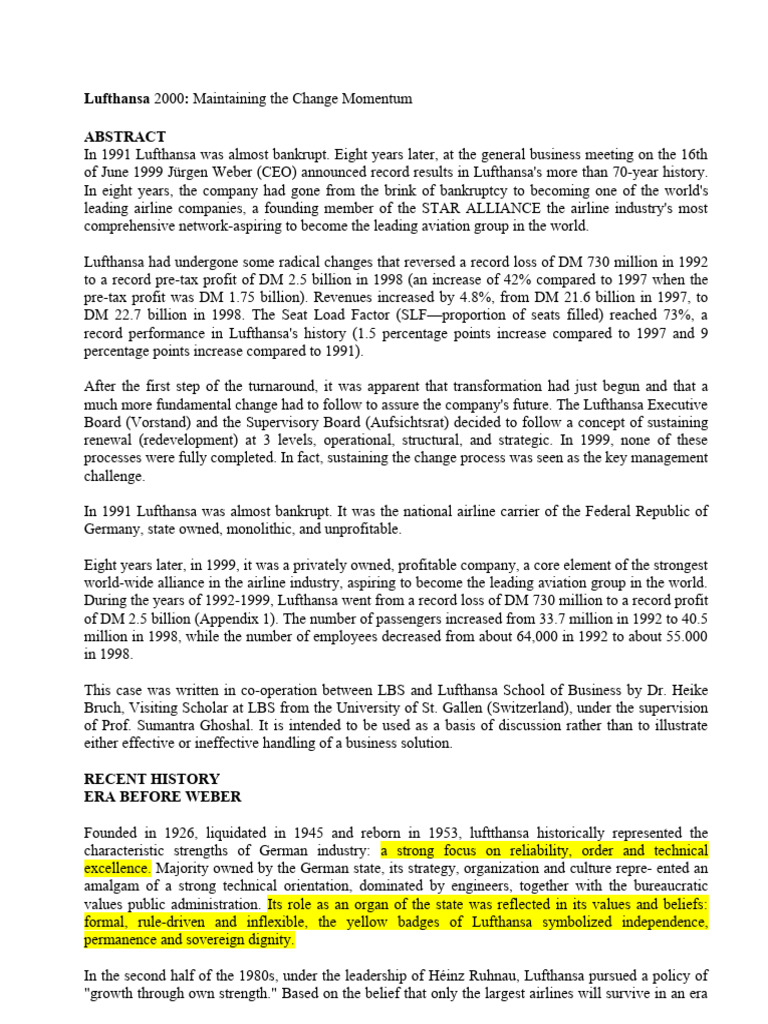 Case 4 Lufthansa 2000 Maintaining The Change Momentum 1 | PDF | Airlines | Logistics
