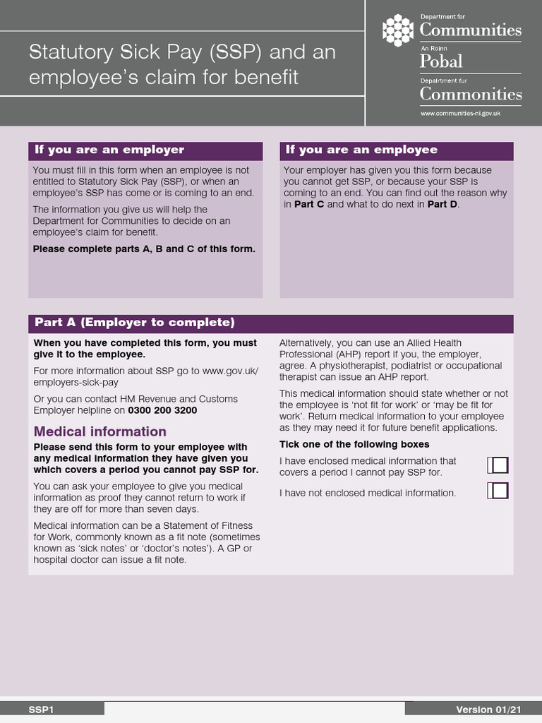 Statutory Sick Pay Claim Form ssp1 | PDF | Welfare | Employment