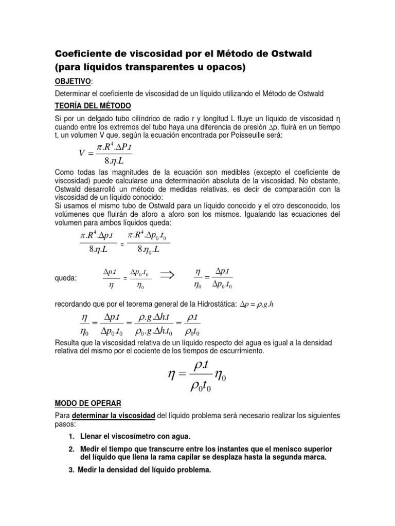 Método de Ostwald. Fisica 1 - Laboratorio | Descargar gratis PDF | Líquidos | Viscosidad