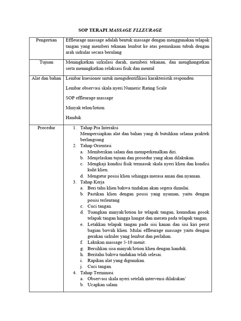SOP Terapi Massage Effleurage | PDF | Pengembangan Diri | Kesehatan ...