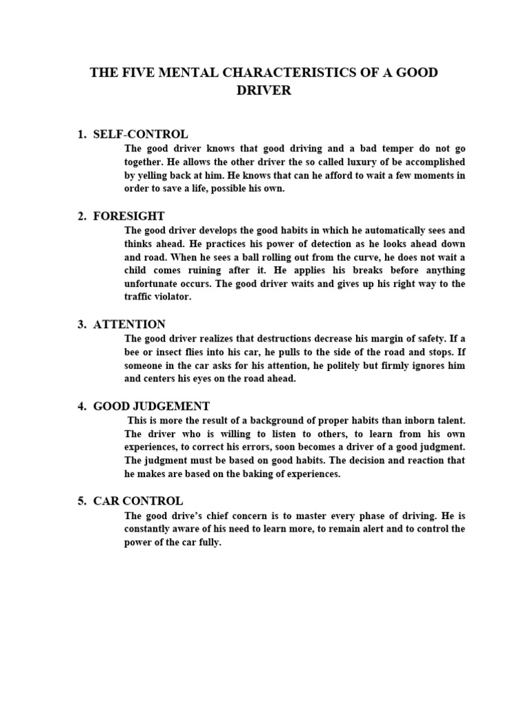 The Five Mental Characteristics of Good Driver | PDF