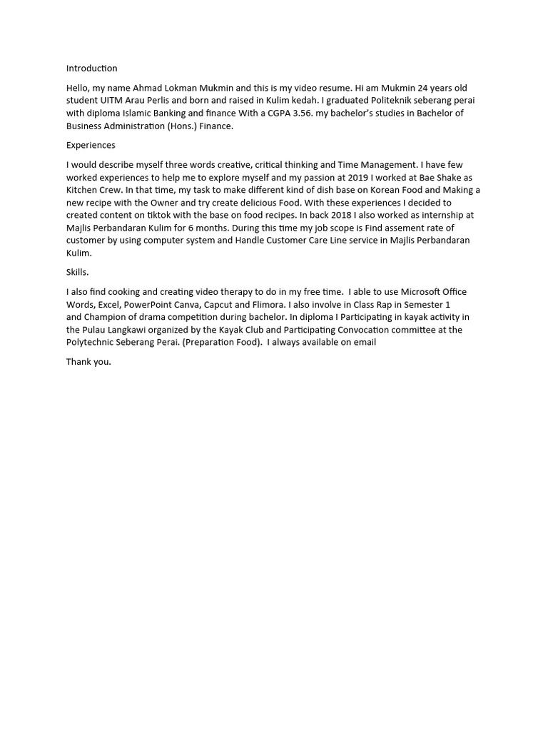 Script Video Resume | PDF