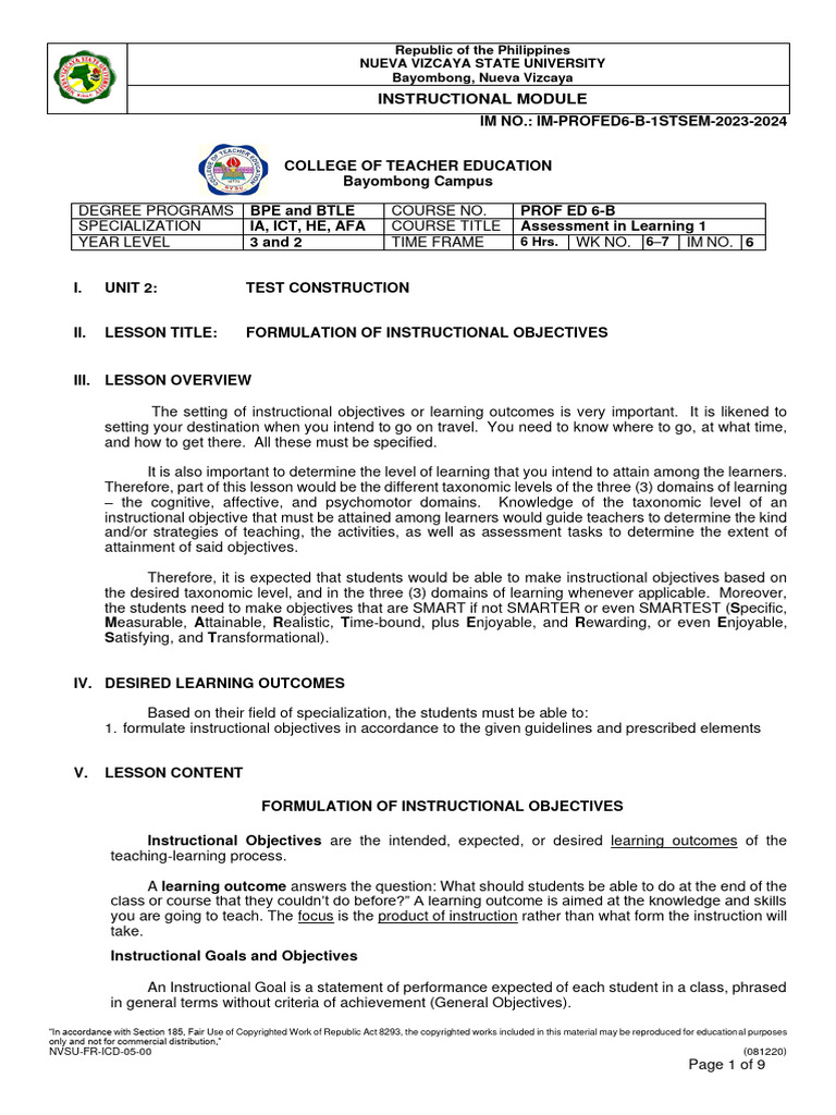 Al1 Module6 Formulation Of Instructional Objectives Pdf Learning Psychological Concepts