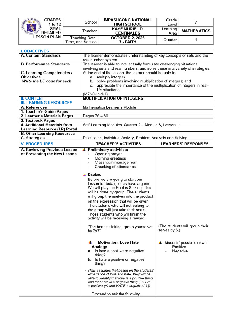 Grade 7 Multiplication of Integers Plan | PDF | Multiplication | Learning