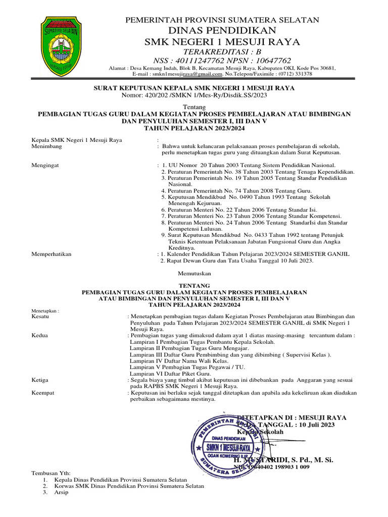SK Pembagian Tugas 2023-2024 s1 | PDF
