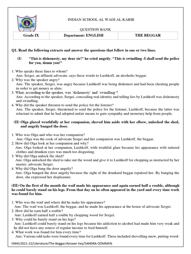 Grade IX English: The Beggar Answer Key | PDF