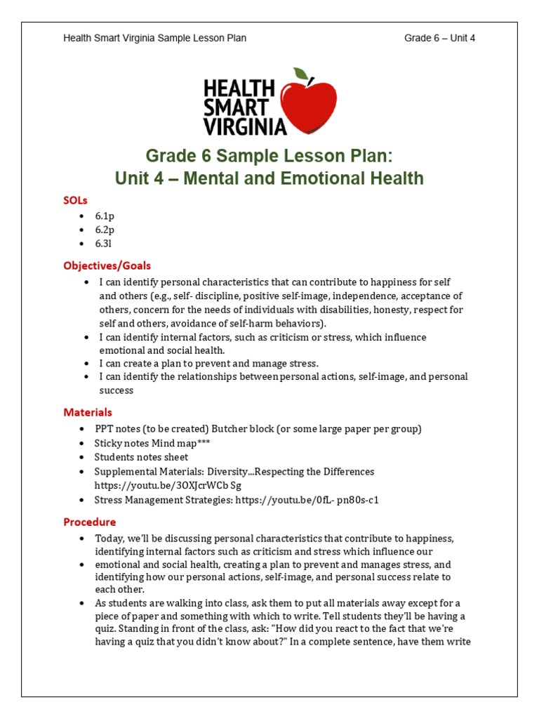 Grade 6 Mental Health Lesson Plan | PDF | Stress (Biology) | Stress ...
