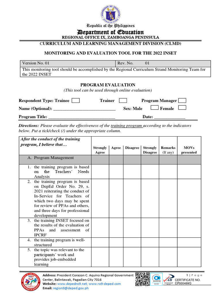 Monitoring and Evaluation Tool INSET | PDF | Human Communication