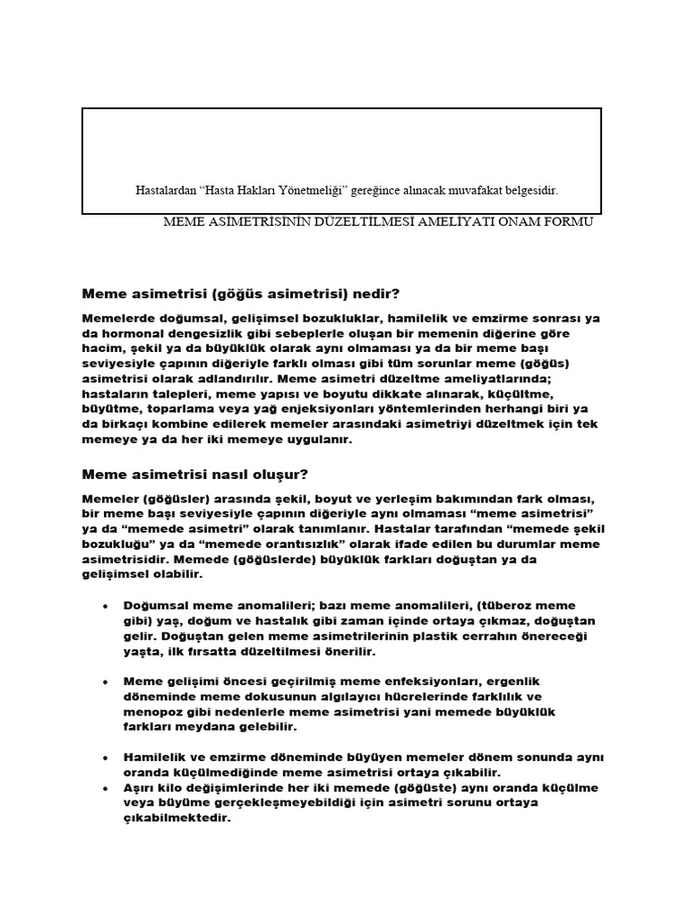 Meme Asi̇metri̇ Düzeltme Ameli̇yati Onam Formu | PDF