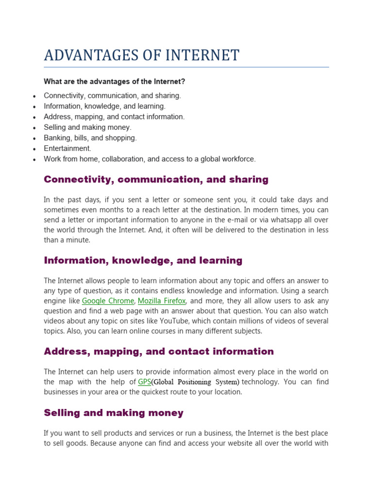 Advantages of Internet | PDF | Internet | Online And Offline