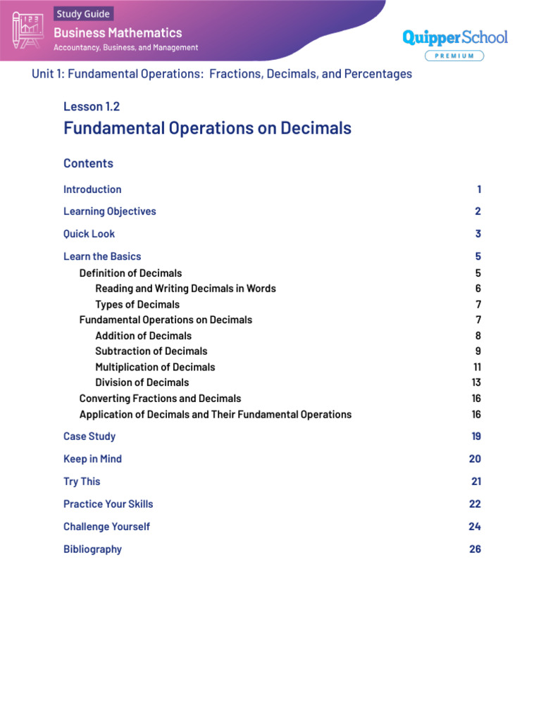 Fundamental Operations On Decimals: Lesson 1.2 | PDF | Subtraction ...