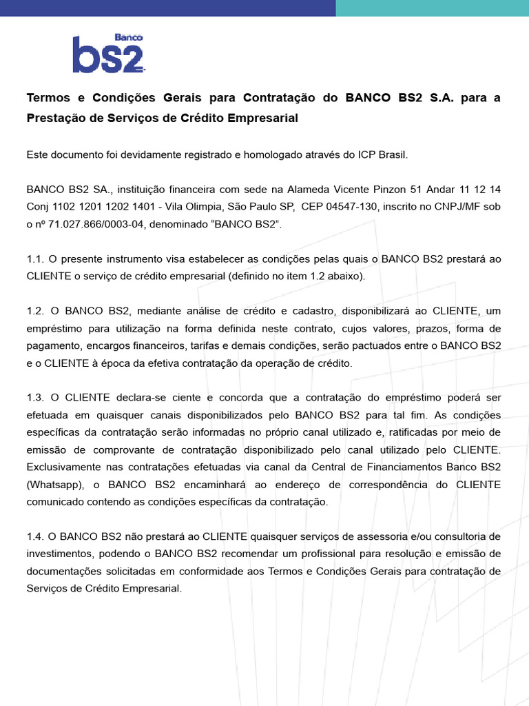 Contrato de Crédito Empresarial BS2 16.889.821 - 0001-60 | PDF | Empréstimos | Crédito