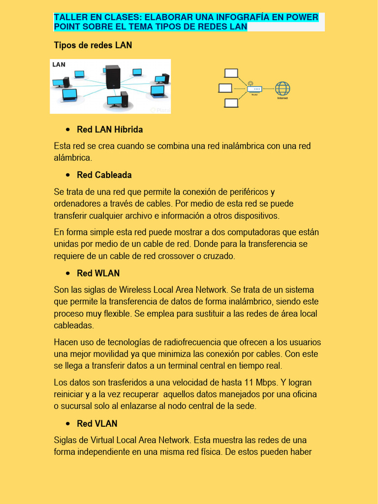Tipos de Redes Lan Taller en Clases | PDF | Red de computadoras | LAN inalámbrico