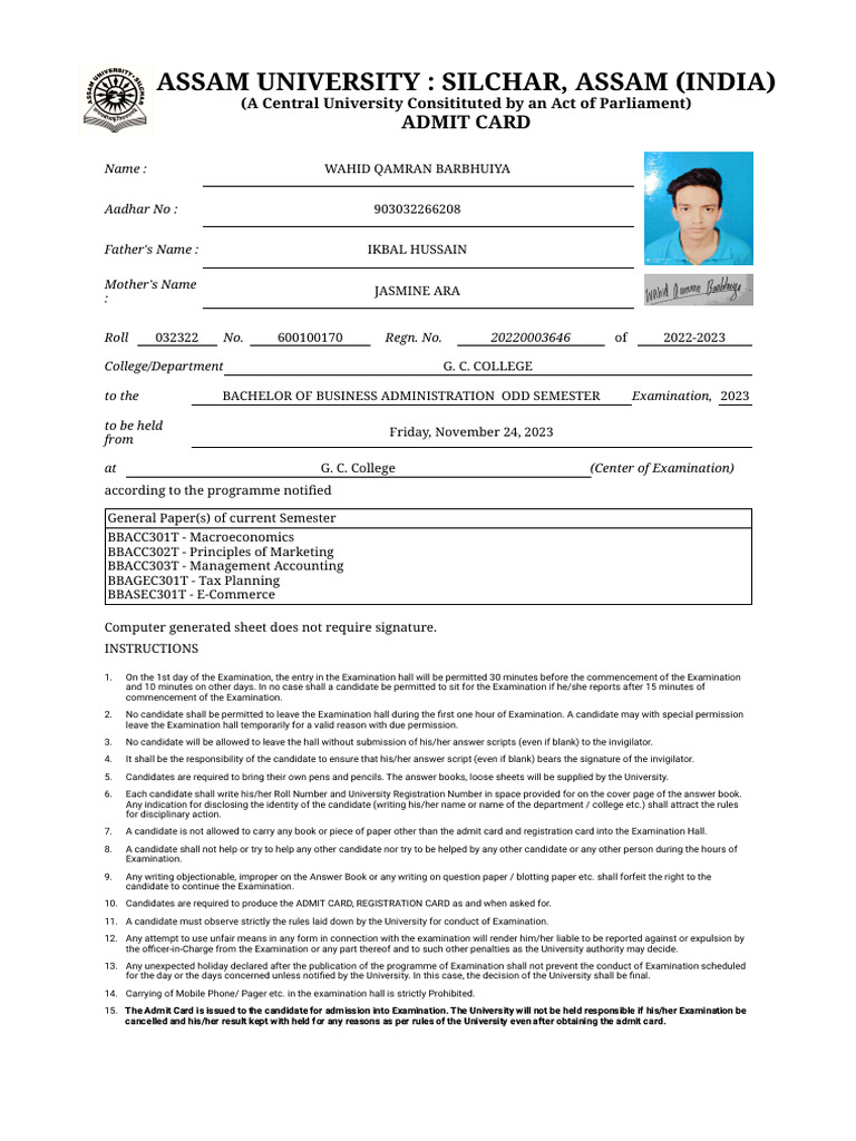 3rd Semester Admit Card - BBA | PDF | Government | Justice