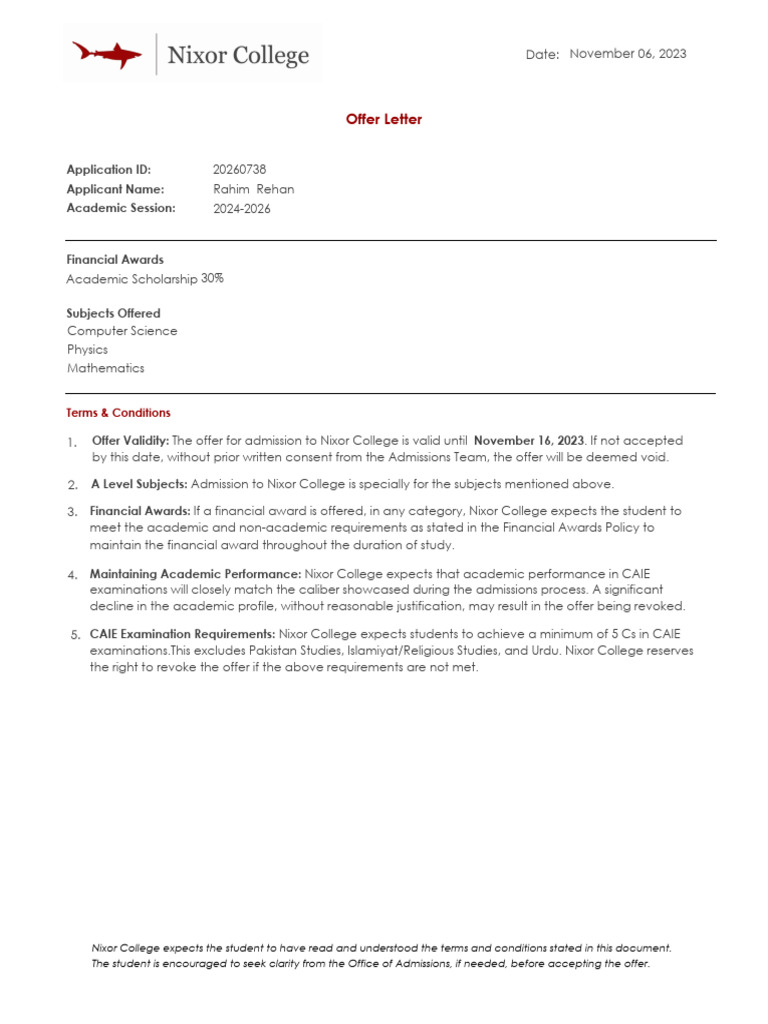 Rahim Rehan - Offer Letter | PDF