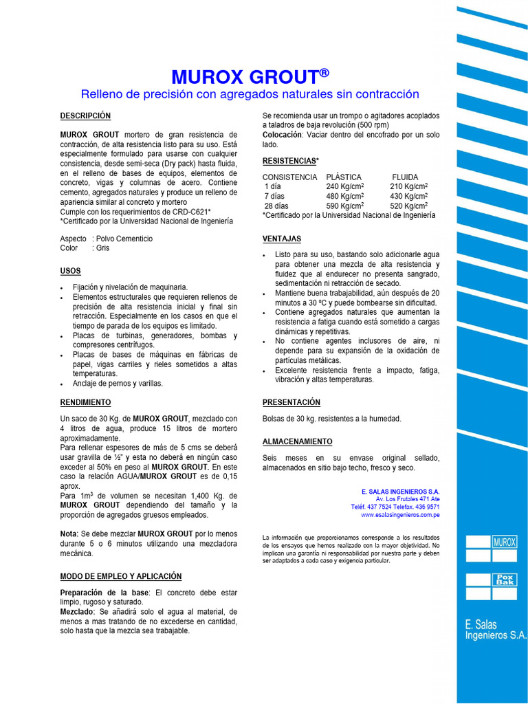 Murox Grout e Salas Ingenieros Aditvos para Concreto | PDF | Hormigón ...