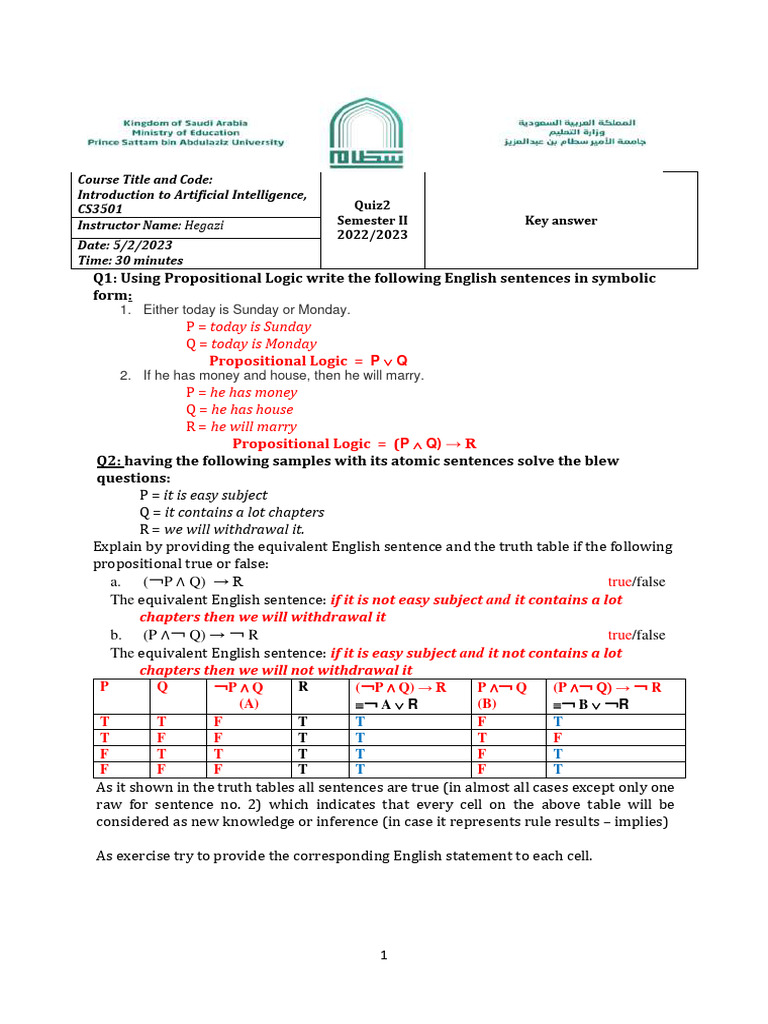 Quiz 2 Sol | PDF | Logic | Syntax (Logic)