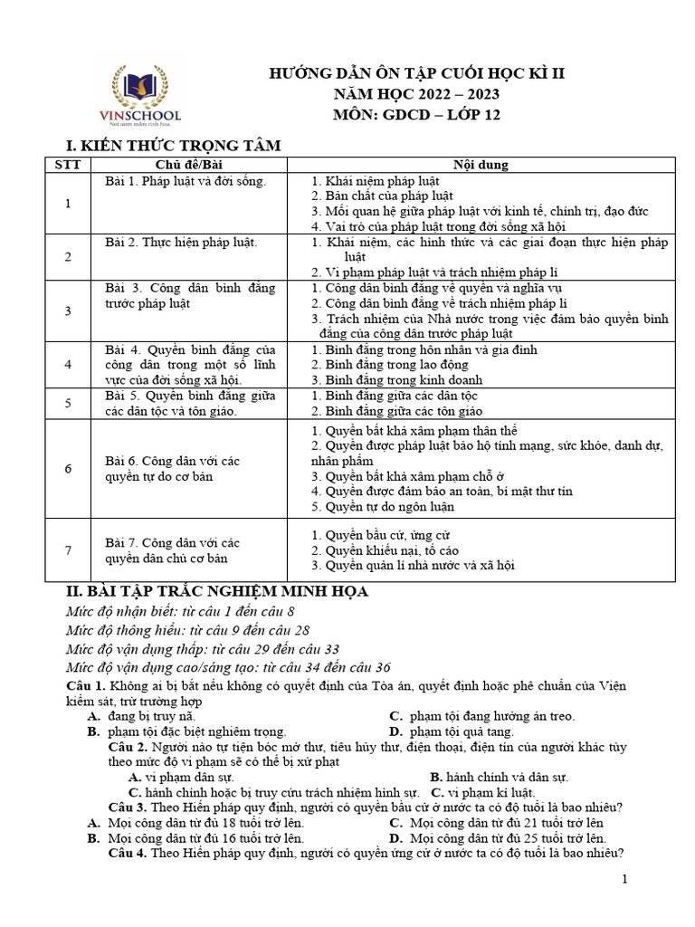 GDCD - Khối 12 - Hướng dẫn ôn tập học kì II môn GDCD | PDF