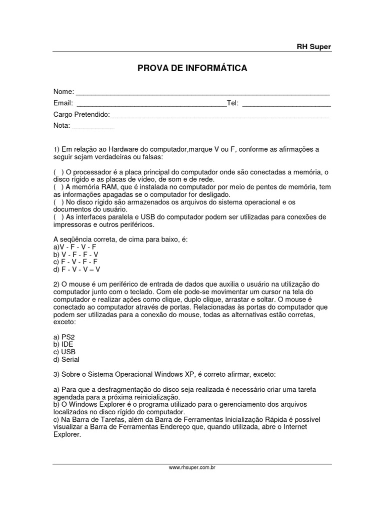 prova informática medio 01 | PDF | Microsoft Windows | Sistema operacional