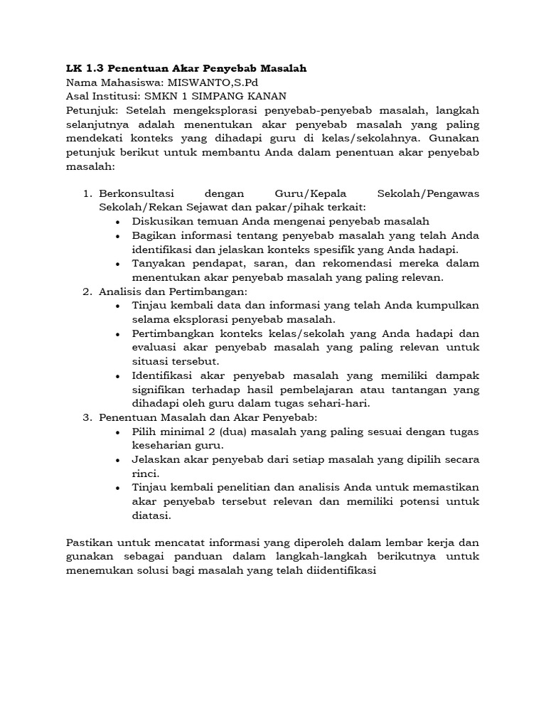 LK 1.3 Penentuan Akar Penyebab Masalah - Umum Miswanto | PDF