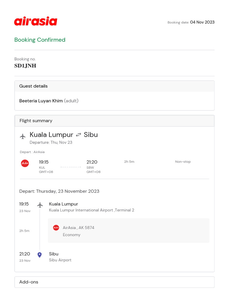 Flight Confirmation for AK5874 | PDF