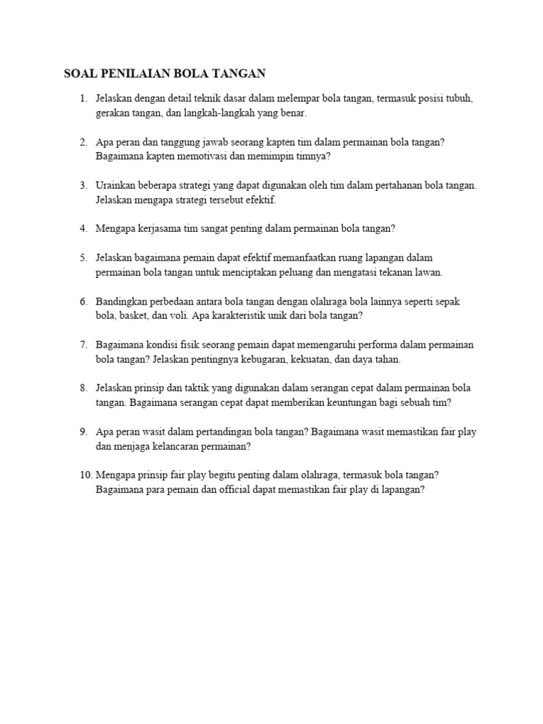 Soal Penilaian Bola Tangan Sma WH X-1 | PDF