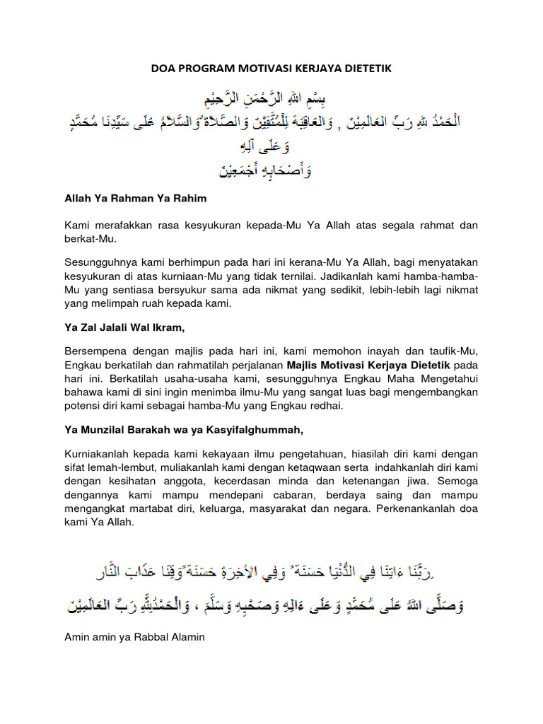 Doa Pogram Motivasi Kerjaya Dietetik | PDF | Karier & Perkembangan ...