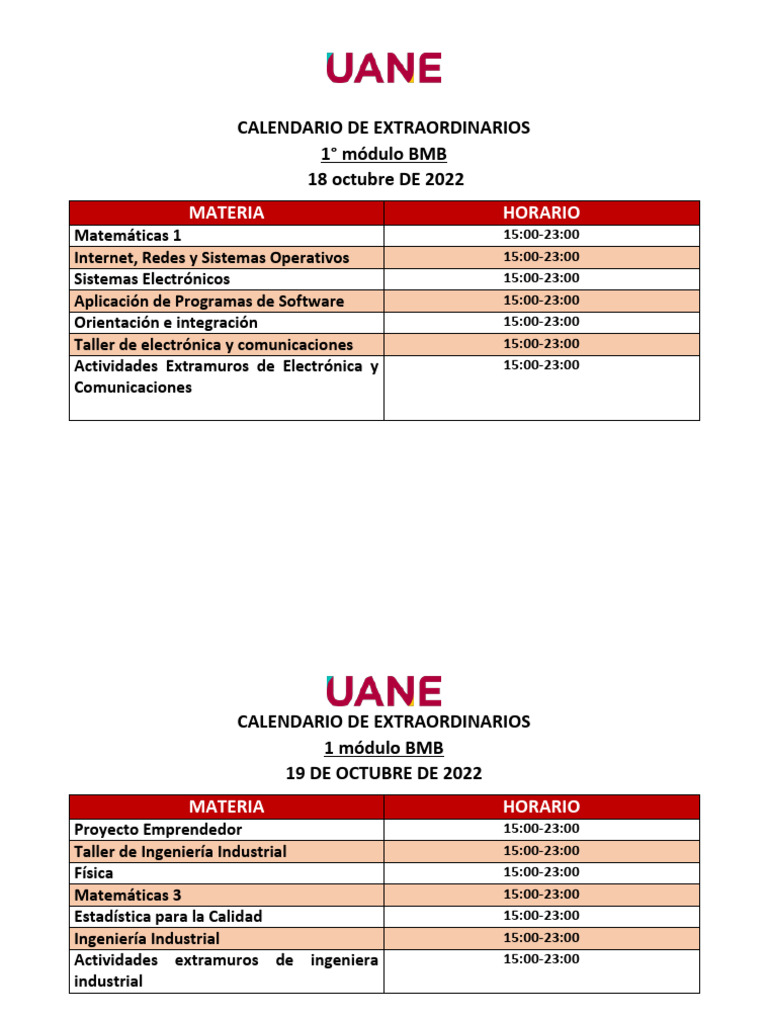 Calendario BMB Extraordinarios 1er Módulo 2022 | PDF