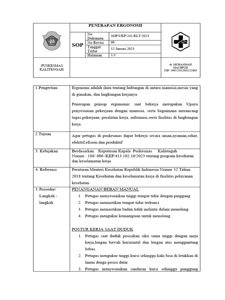 Sop Penerapan Ergonomi | PDF