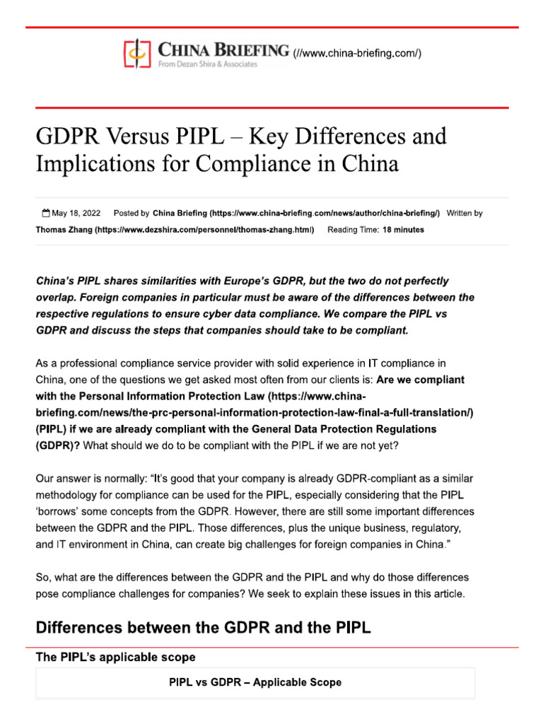 GDPR Versus PIPL - Key Differences and Implications For Compliance in ...