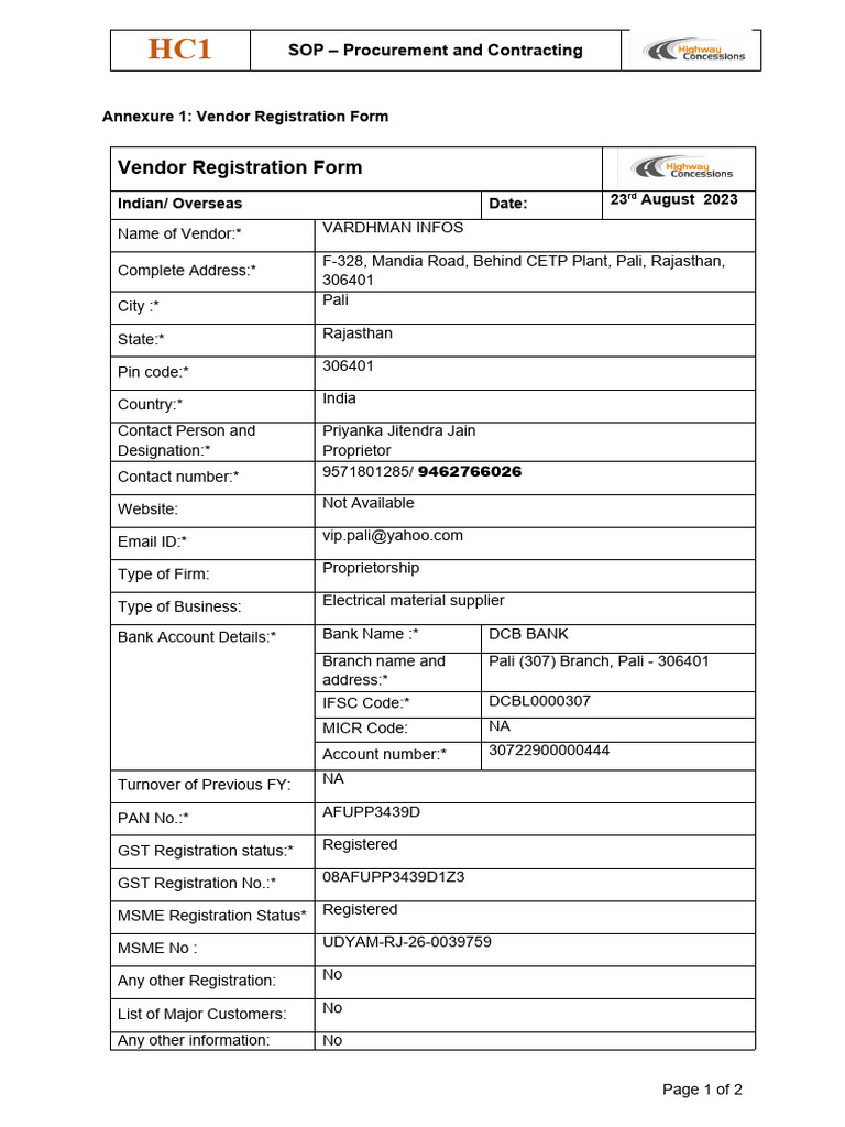 Vendor KYC Form Vardman Infos | PDF