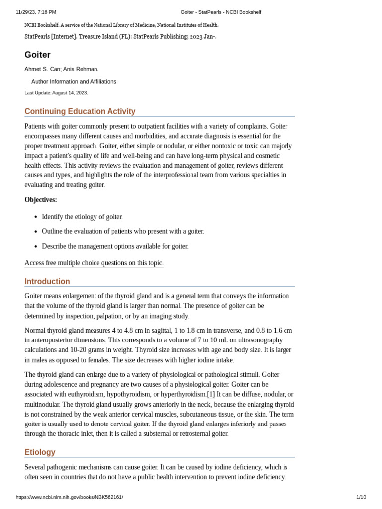 Goiter - StatPearls - NCBI Bookshelf | PDF | Hyperthyroidism | Thyroid