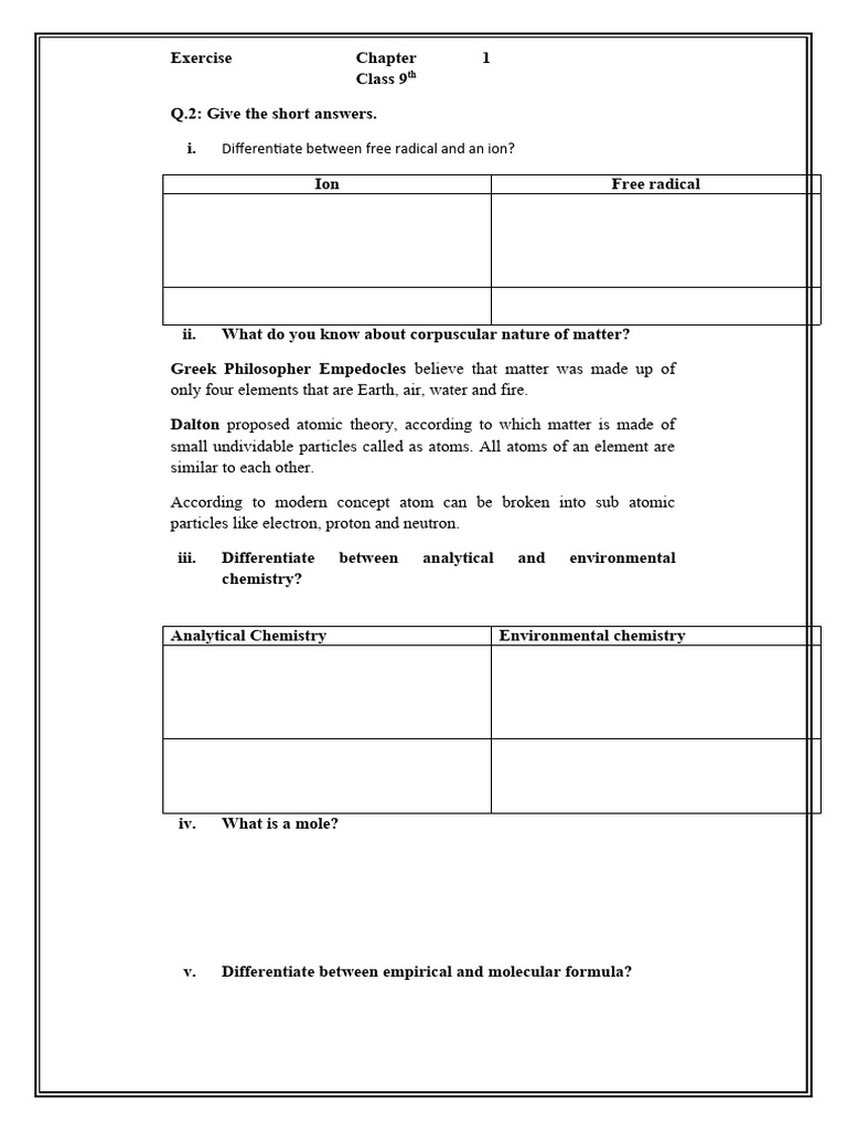 Exercise Chapter 1 Class 9th | PDF | Molecules | Mole (Unit) Exercise Chapter 1 Class 9th | PDF | Molecules | Mole (Unit)