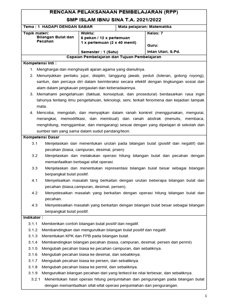 RPP MATE TEMA 1 K7 TA 2022-2023 - Hadapi Dengan Sabar | PDF