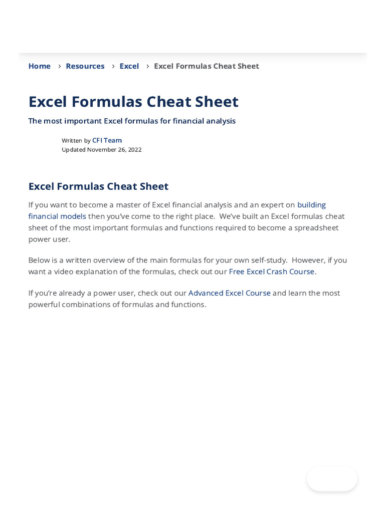 Excel Formulas Cheat Sheet - Important Excel Formulas To Know | PDF ...