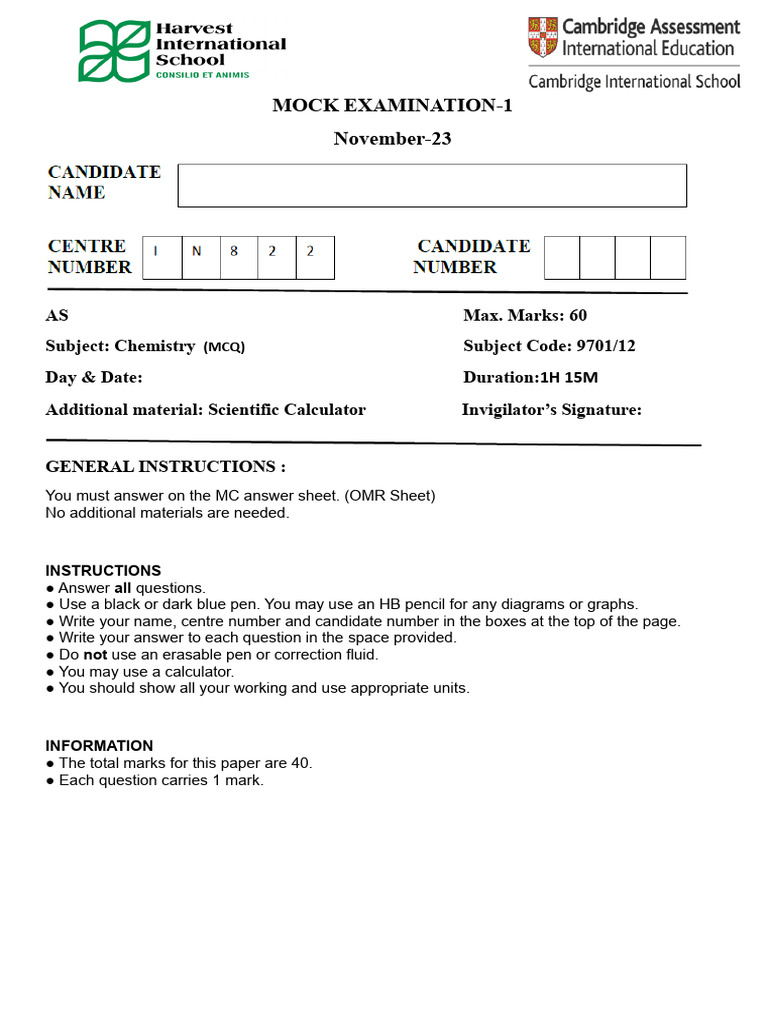 First Mock Exam AS Chem MCQ Cover Page | PDF