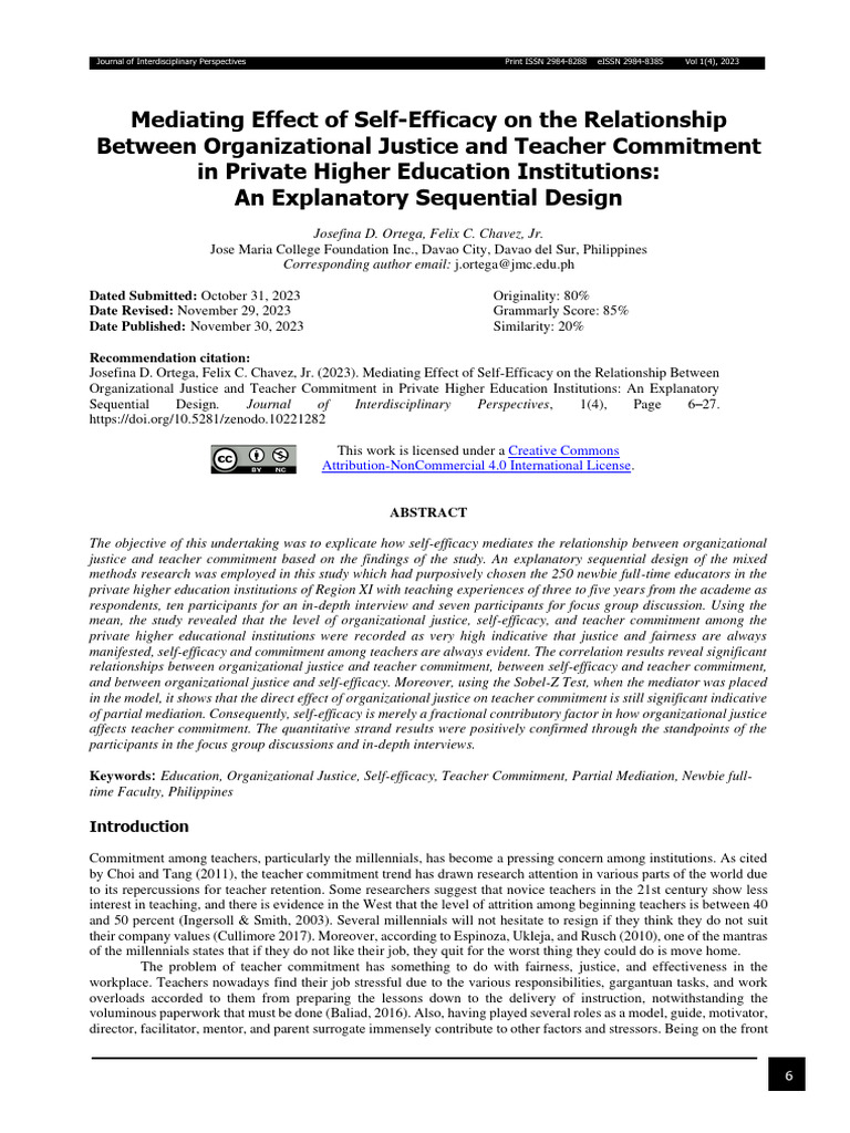 Mediating Effect of Self-Efficacy On The Relationship Between Organizational Justice and Teacher ...