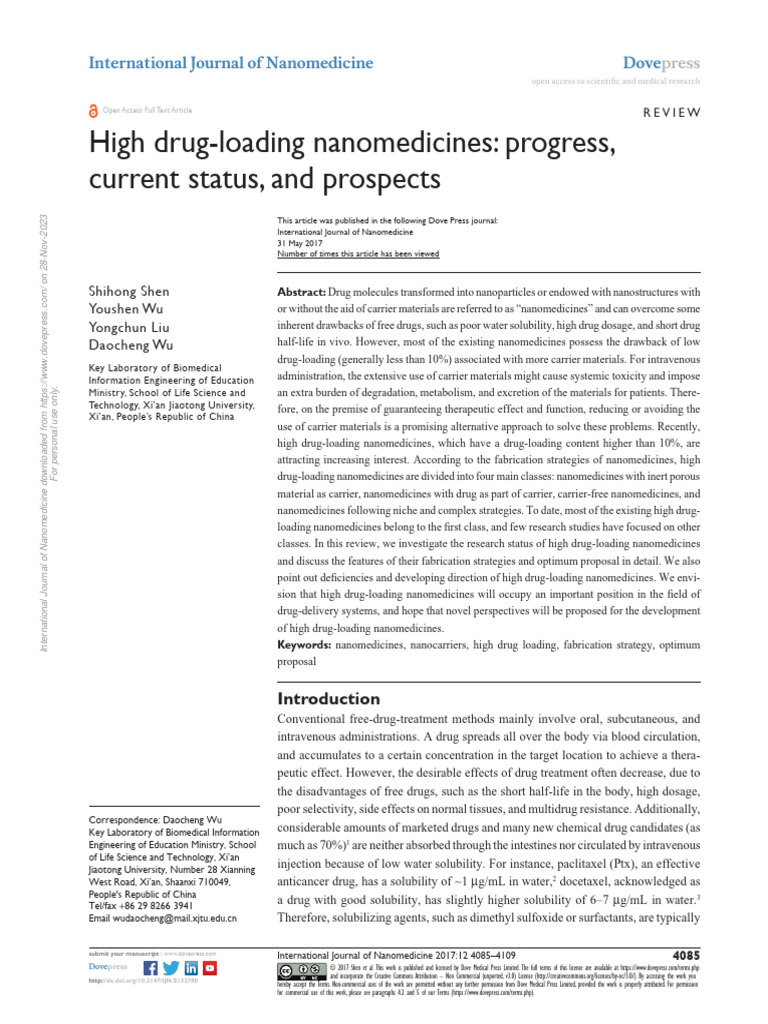 IJN 132780 High Drug Loading Nanomedicines Progress Current Status A ...