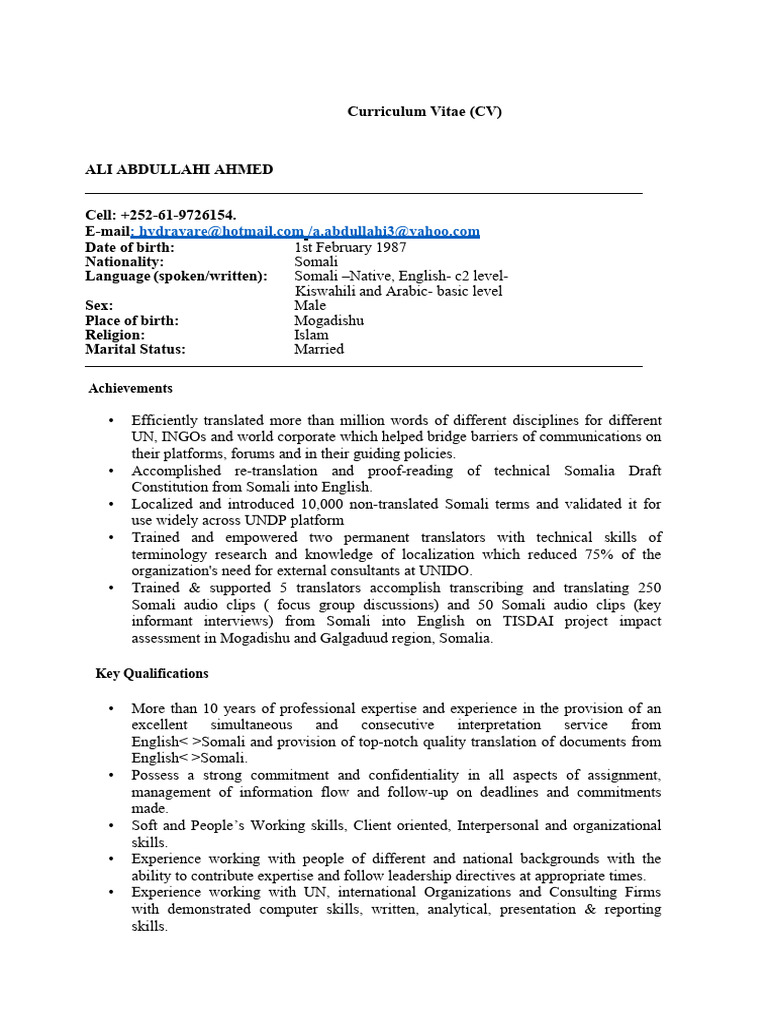 Somali Translation Expert CV | PDF | Translations | Somalia