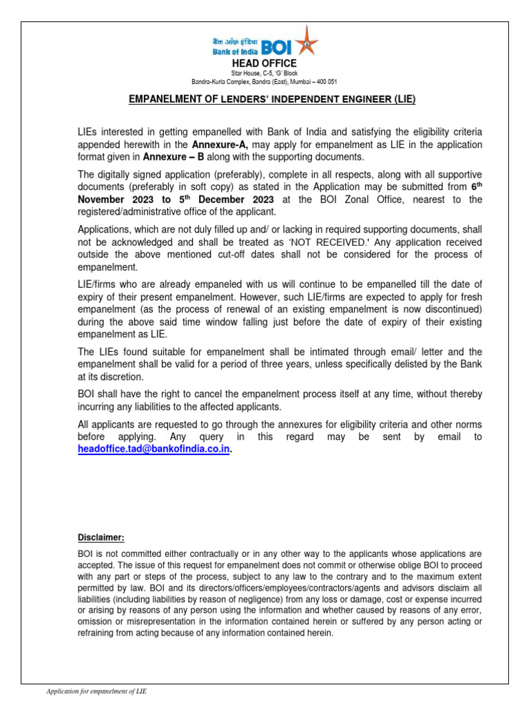 BOI Lenders' Independent Engineer Empanelment | PDF | Consultant | Banks