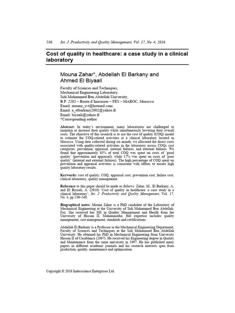 Cost of Quality in Healthcare - A Case Study in A Clinical Laboratory ...