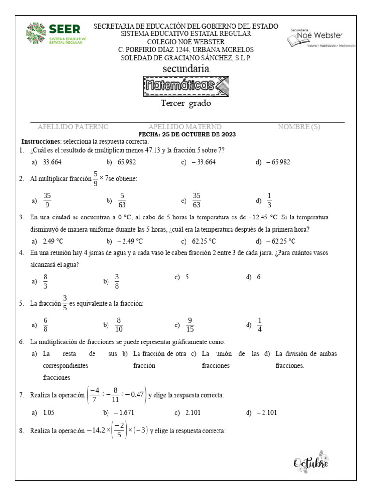 Examen Matemáticas Tercer Grado | PDF | Matemáticas
