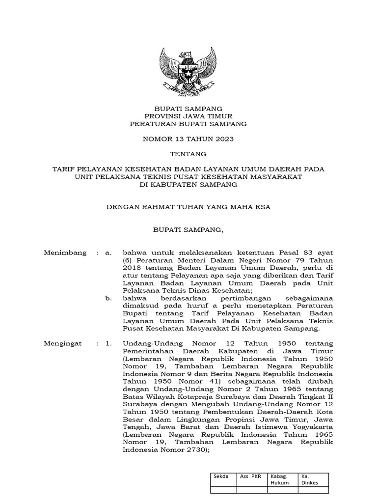 Perbup No 13 Tahun 2023 Tentang Tarif Pelayanan Ke | PDF