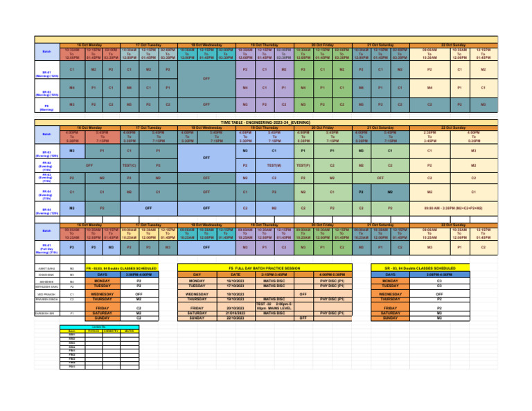 Engineering Time Table 2023-24 - 16th October To 22st October | PDF
